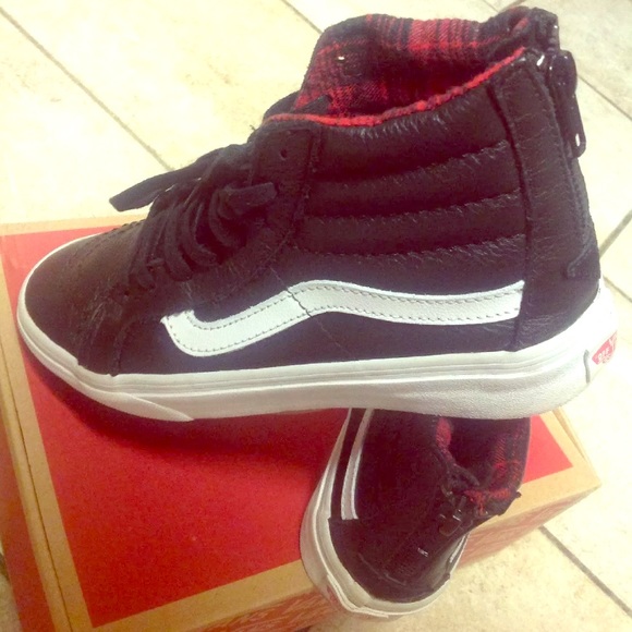 Vans | Shoes | Vans Hi Top Black Leather Red Plaid Inside | Poshmark